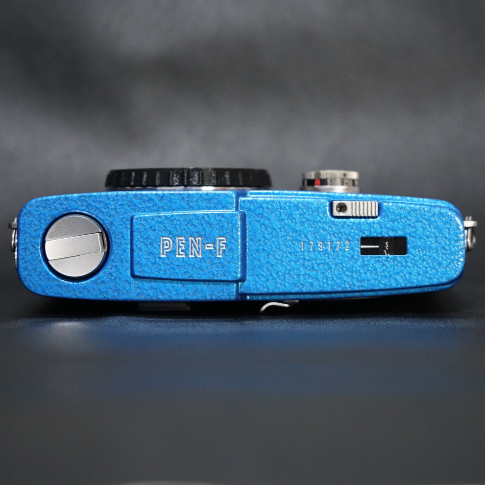 OLYMPUS PEN F / Blue Hammertone / Brown Leather / Film Camera / オリンパス ...
